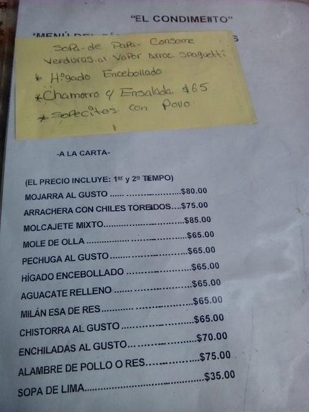 Carta del restaurante El Condimento, Ciudad del México, Javier Sorondo ...