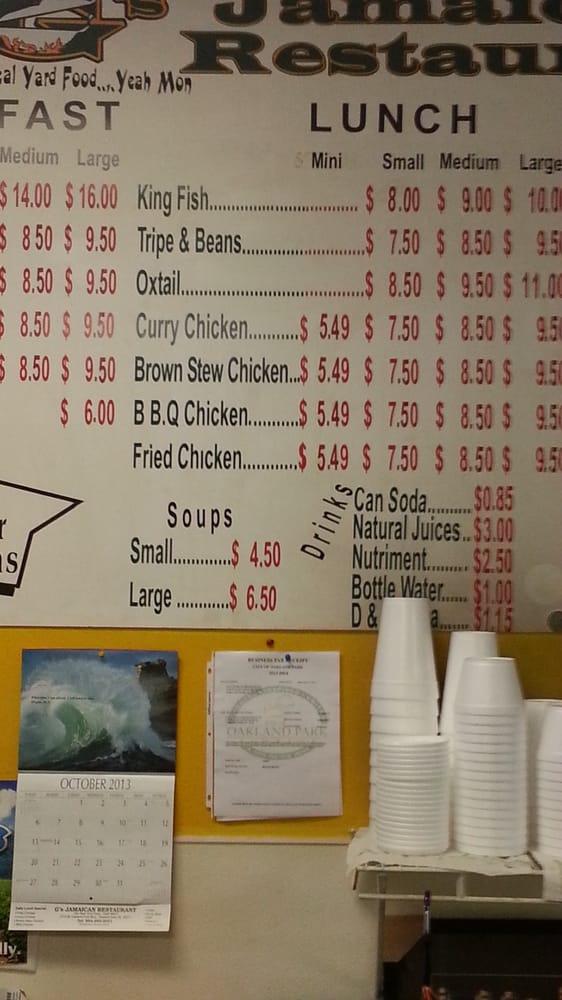 Menu at G's Jamaican Restaurant, Oakland Park