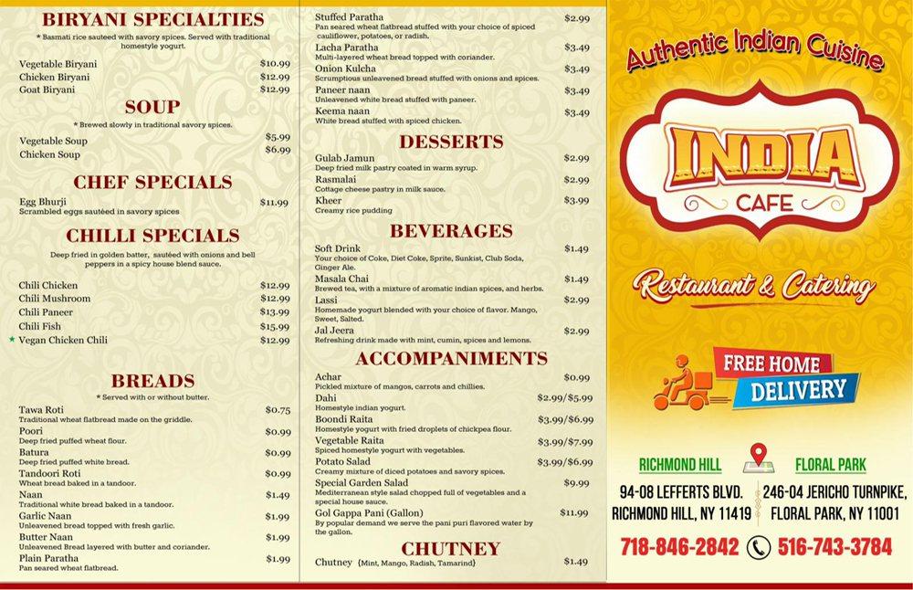 Menu at India Cafe, Floral Park