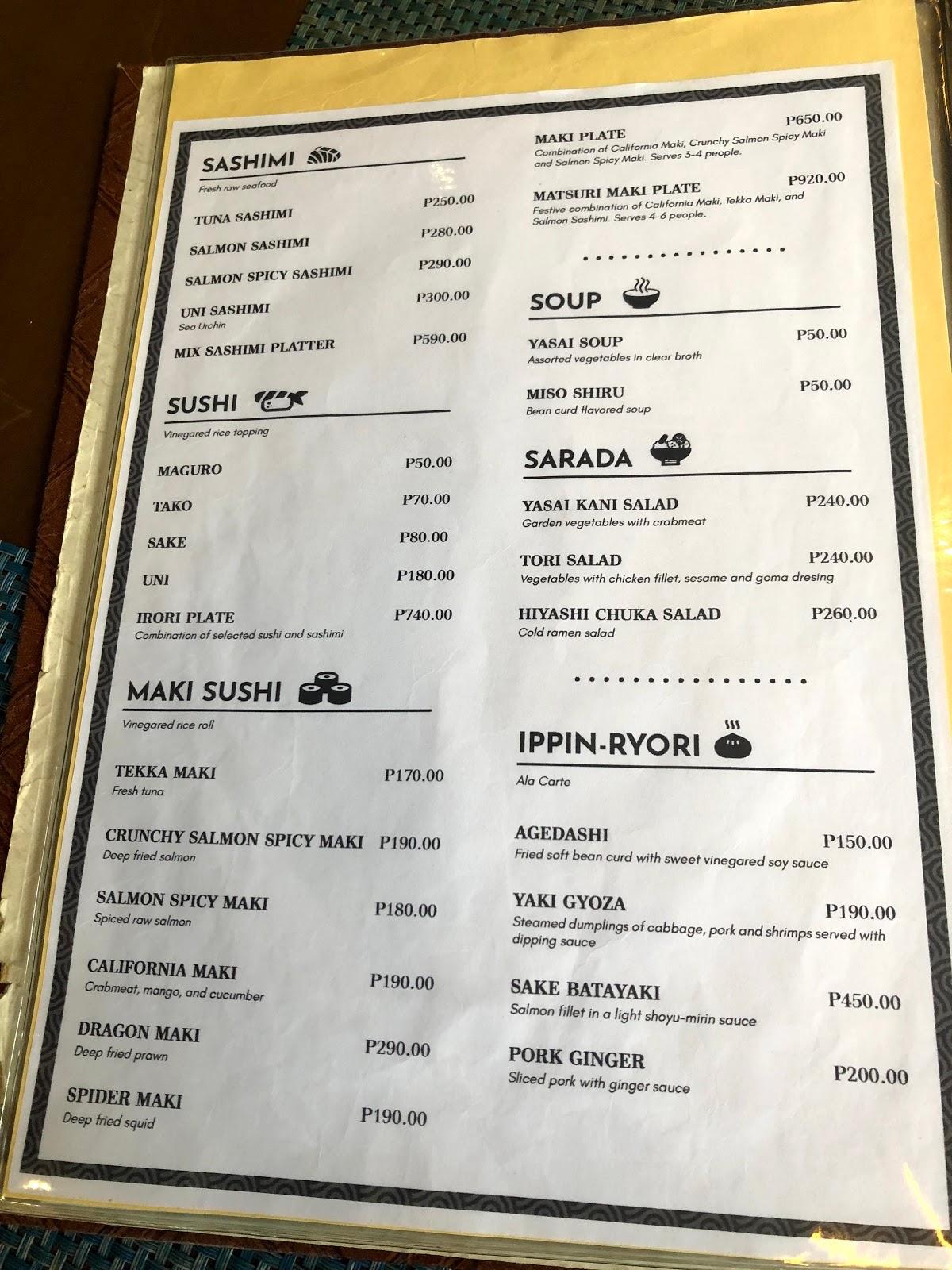 Menu at Irori - Japanese Restaurant, Lipa, W4VC+7C3