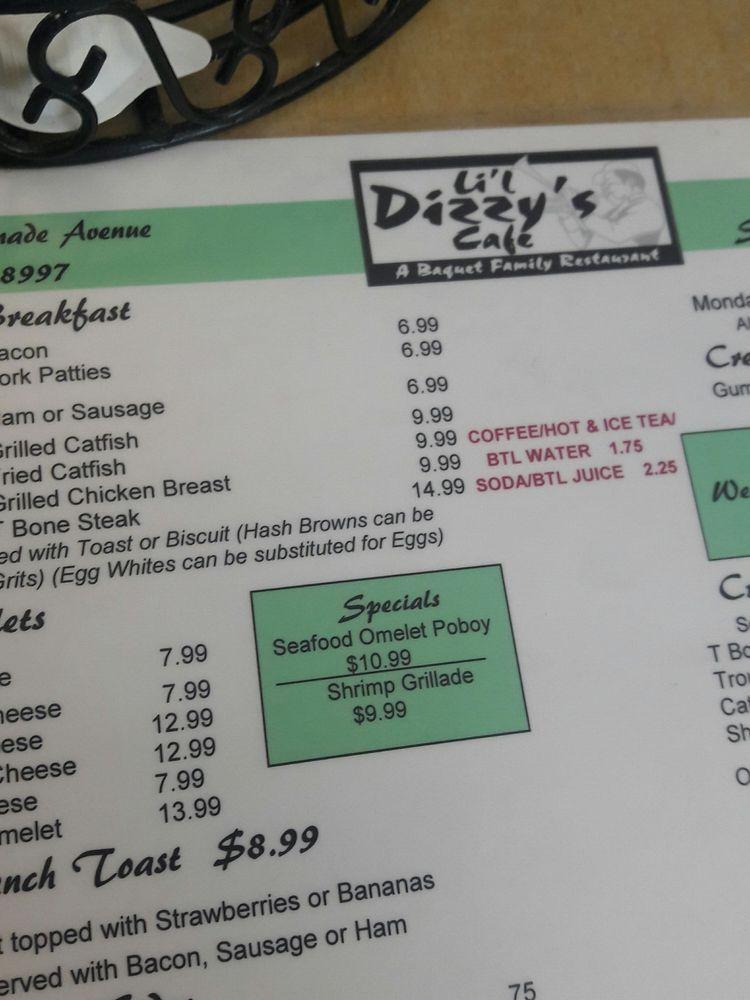 Menu at Li'l Dizzy's Cafe, New Orleans