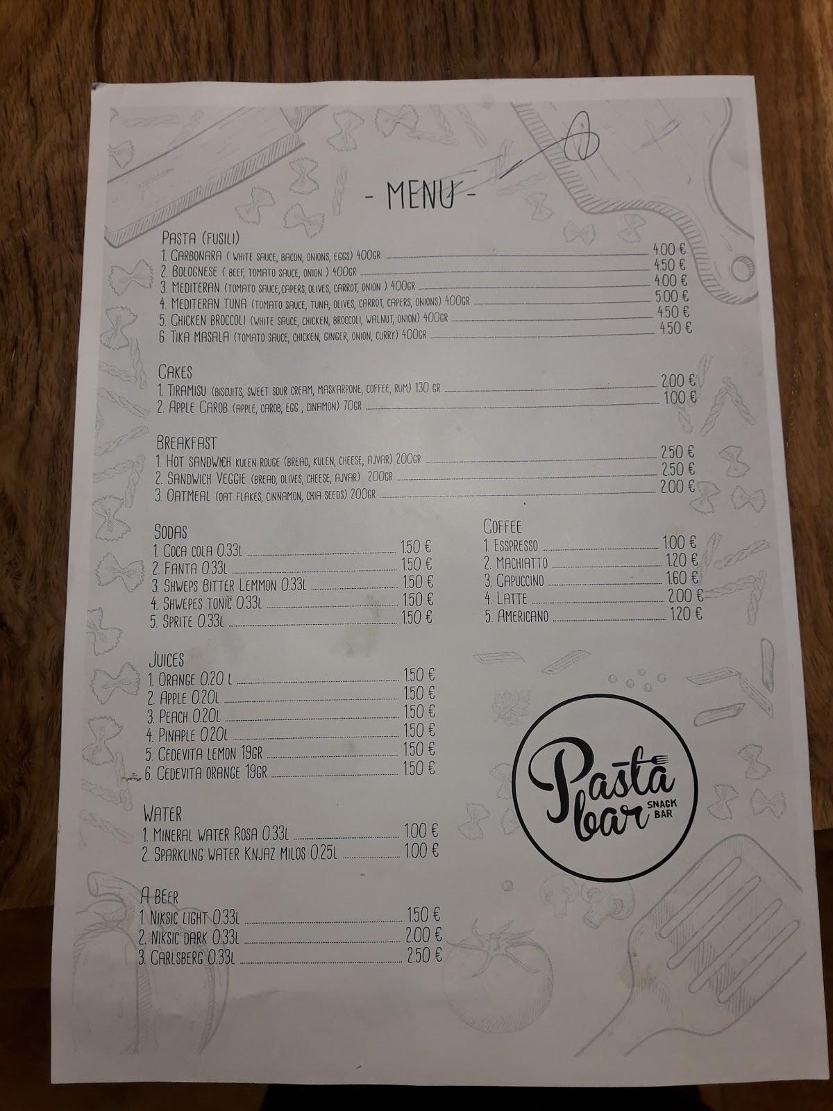 Menu at Pastabar, Budva