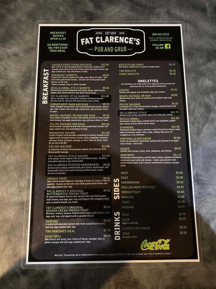 Menu at Fat Clarence's Pub and Grub, Jerome