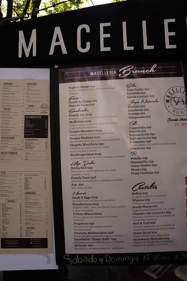 Menu at Macelleria pizzeria, Mexico City