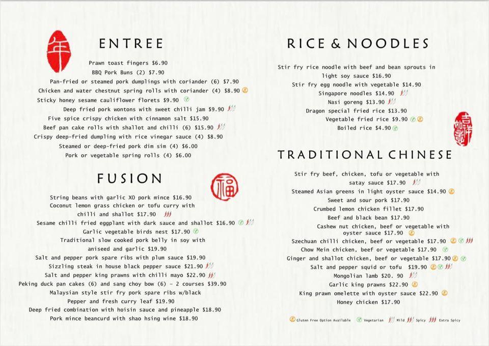 Menu at Moon Dragon restaurant, Moonee Beach