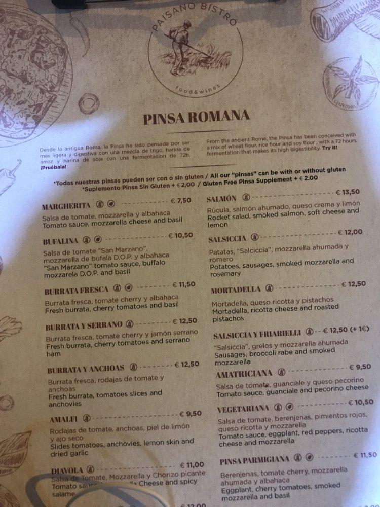 Menu at Paisano Bistró cafeteria, Barcelona