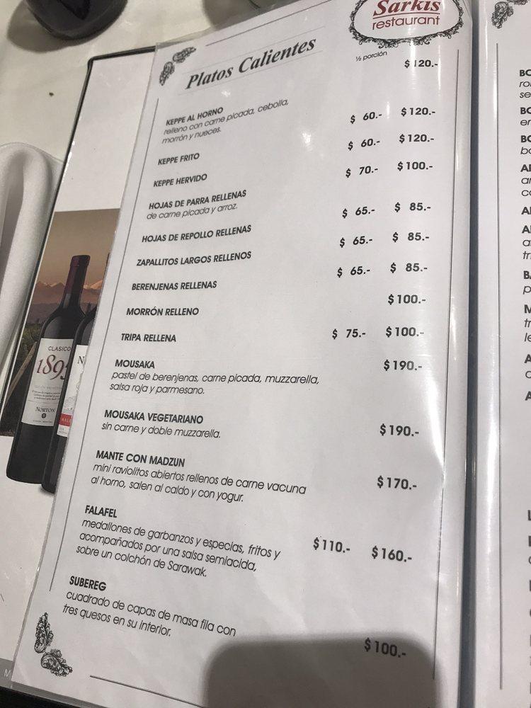 Carta del restaurante Sarkis, Buenos Aires