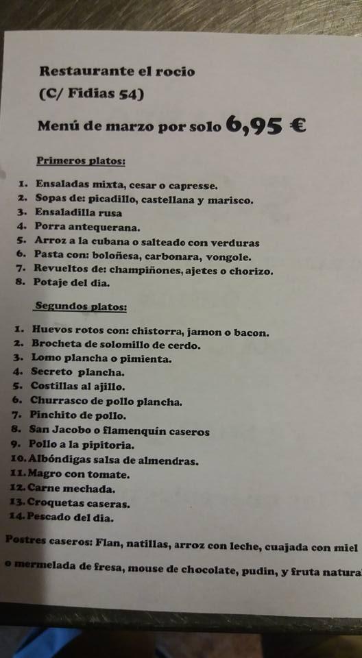 Menu at Restaurante El Rocío, Málaga