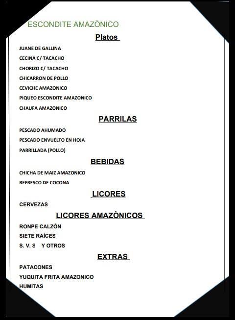 Menu at Escondite amazónico restaurant, Breña
