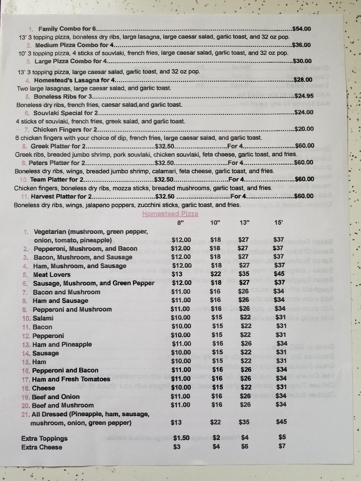 Menu at Homestead restaurant, Wynyard