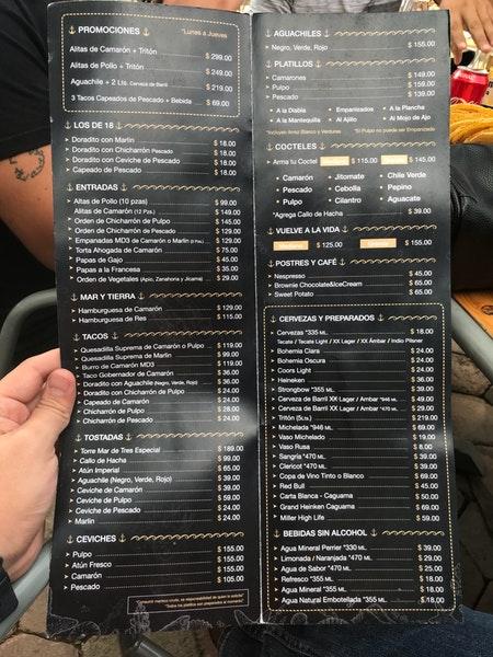 Menu at Mar de Tres restaurant, Guadalajara