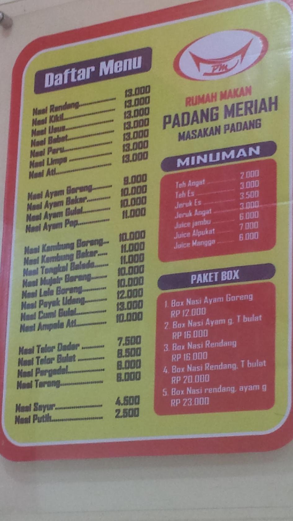 Menu at RM. Padang Meriah restaurant, Semarang, Jl. Anjasmoro Raya