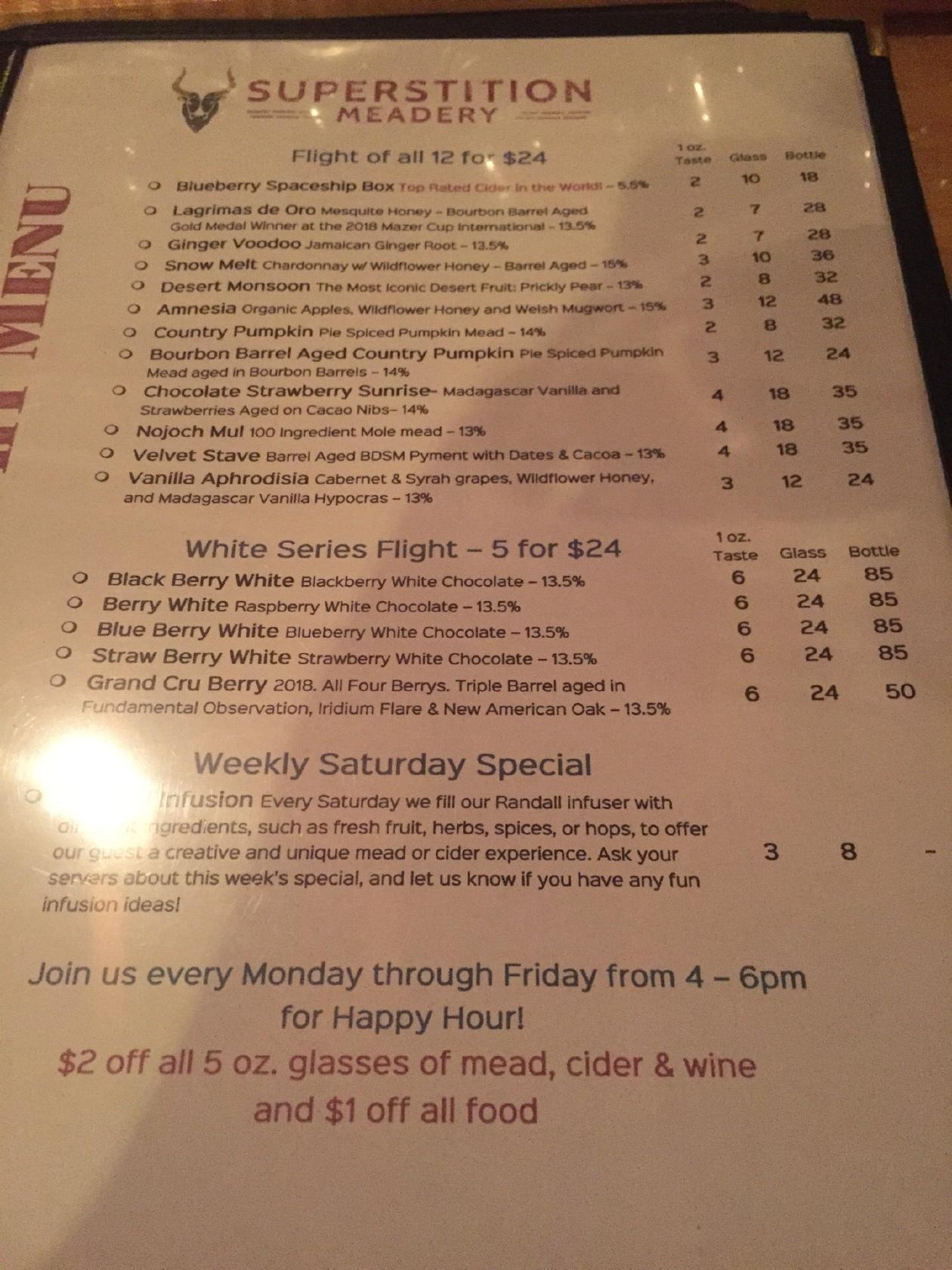 Menu at Superstition Meadery pub & bar, Prescott