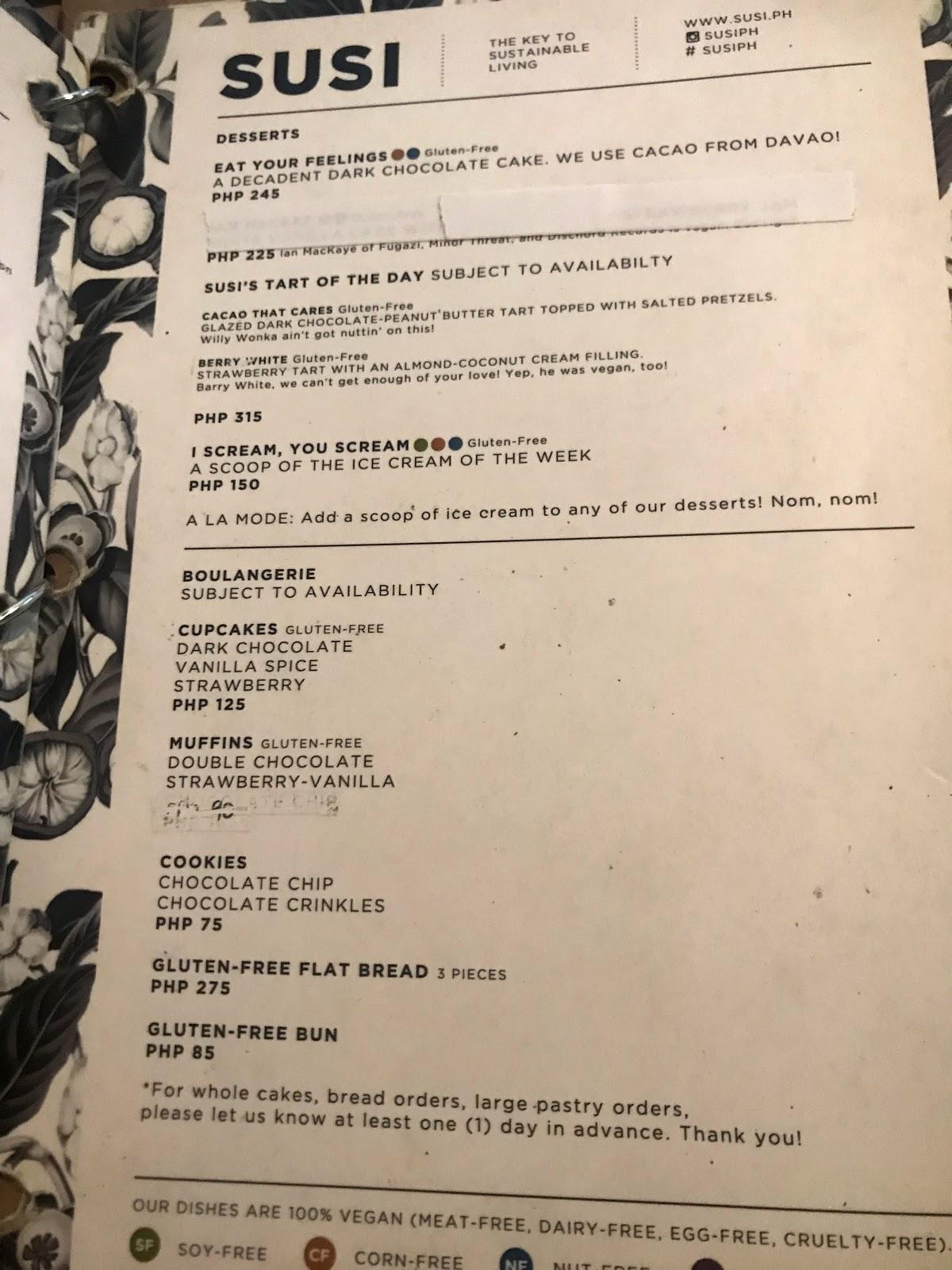 Carta del restaurante Susi, Taguig, Forbes Town Center