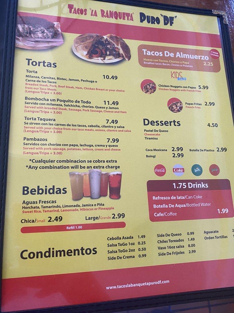 Menu at Tacos La Banqueta Puro DF restaurant, Fort Worth