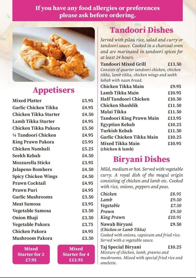 Menu at Taj Mahal restaurant, Newport-on-Tay