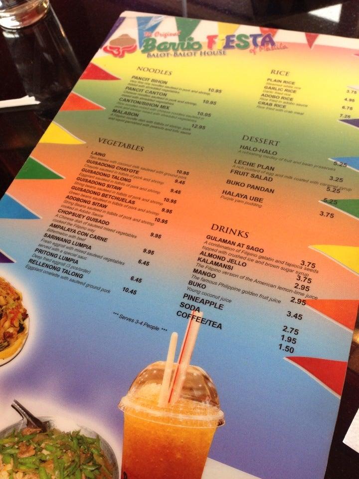 Menu at The Original Barrio Fiesta of Manila, Los Angeles, Nordhoff St
