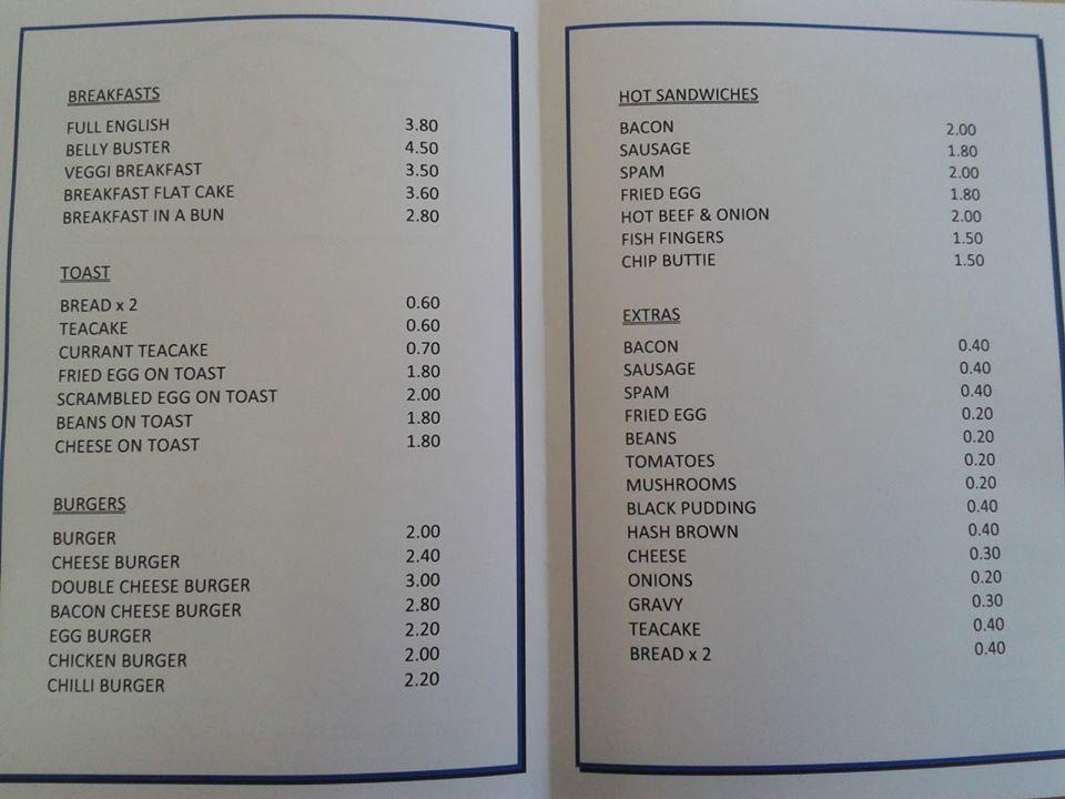 Menu at Bev's fast food, Dewsbury