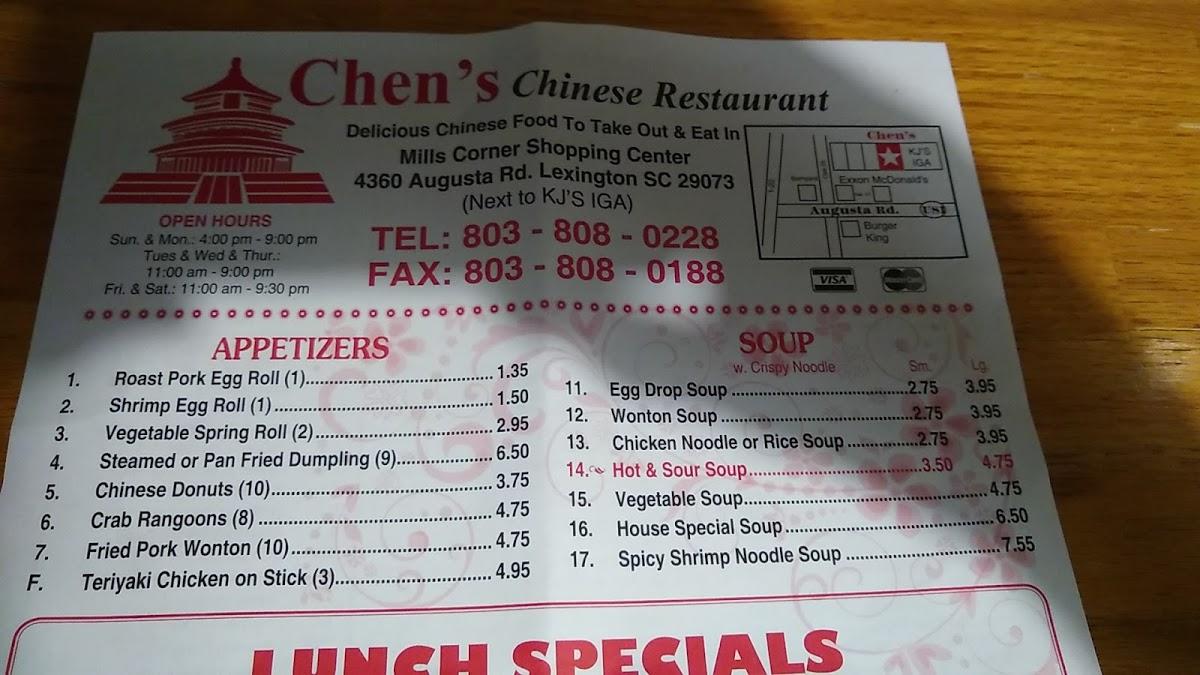 Menu at Chen's Chinese Restaurant, Lexington, Augusta Rd
