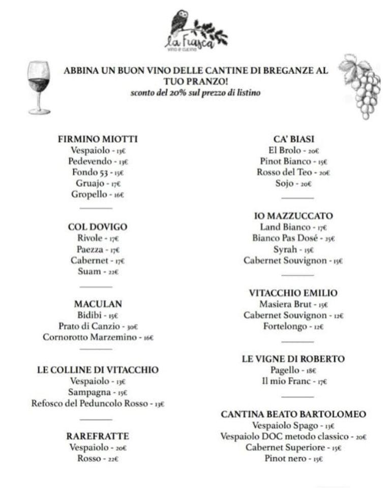 Menu at La Frasca Breganze restaurant, Fara Vicentino