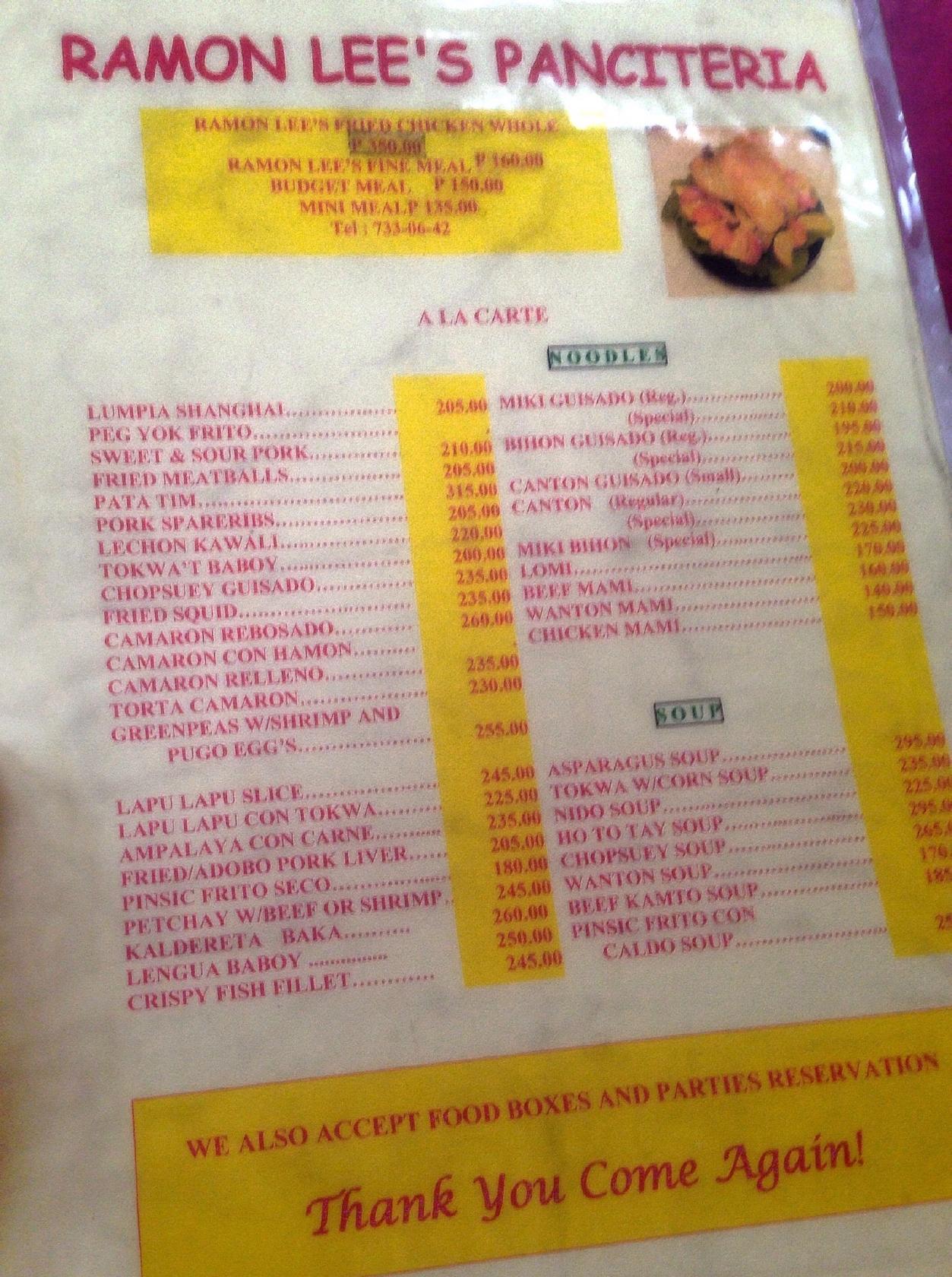 Menu at Ramon Lee Panciteria restaurant, Manila