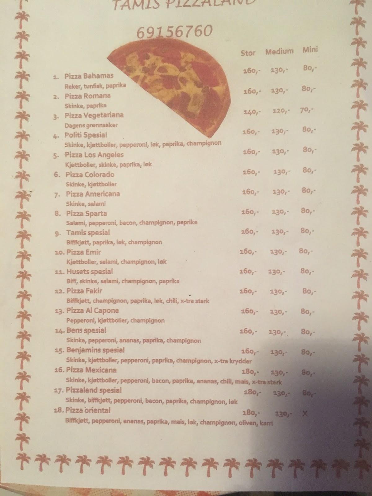 Menu at Tami's Pizzaland pizzeria, Sarpsborg
