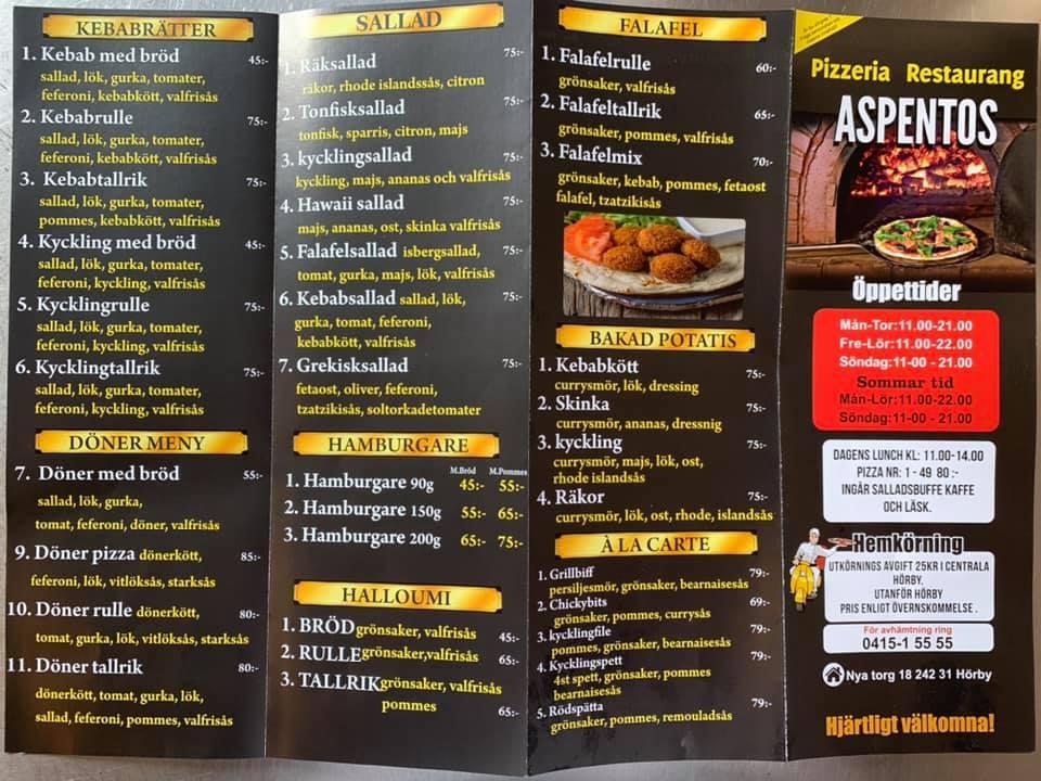 Menu at Aspentos Pizzeria & Restaurang, Hörby
