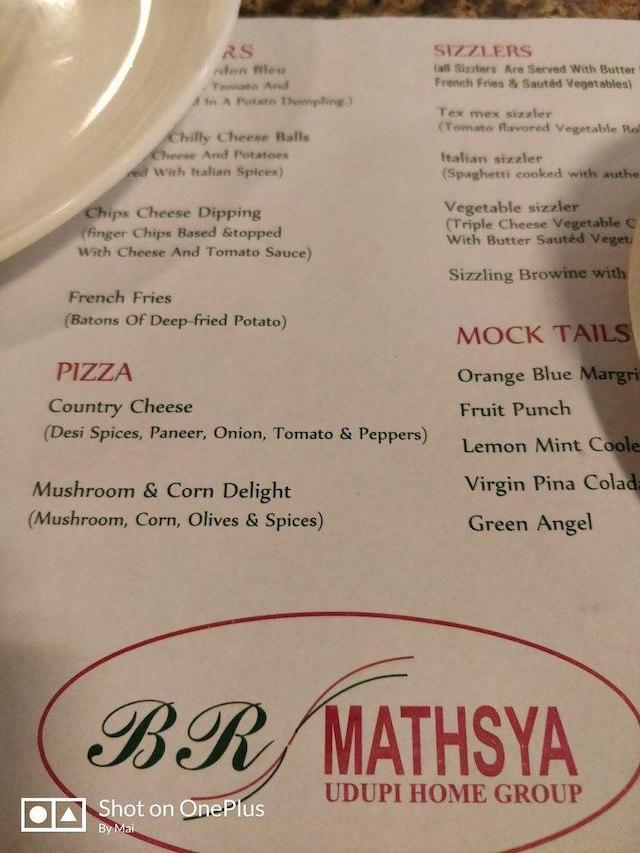 Menu at BR Mathsya, Chennai