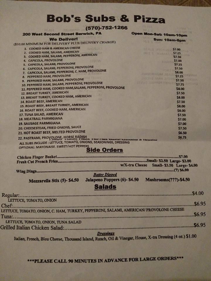Menu at Bob's Subs & Pizza restaurant, Berwick
