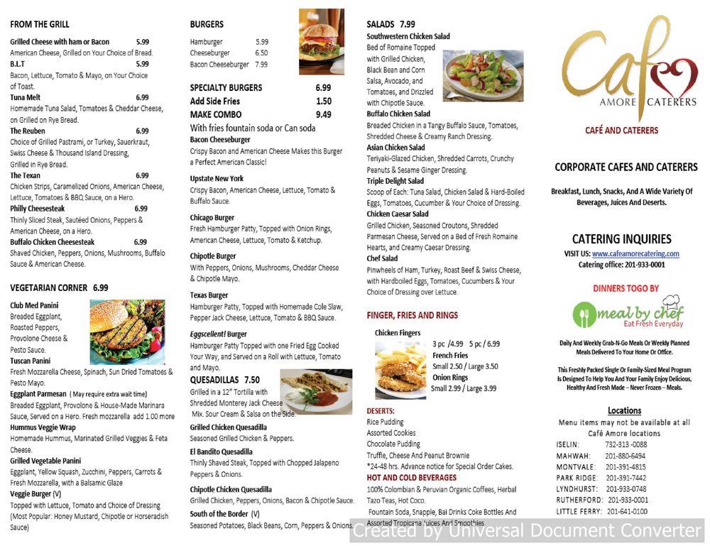 Menu at Cafe Amore, Woodbridge Township