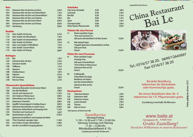 Menu at Baile restaurant, Graz