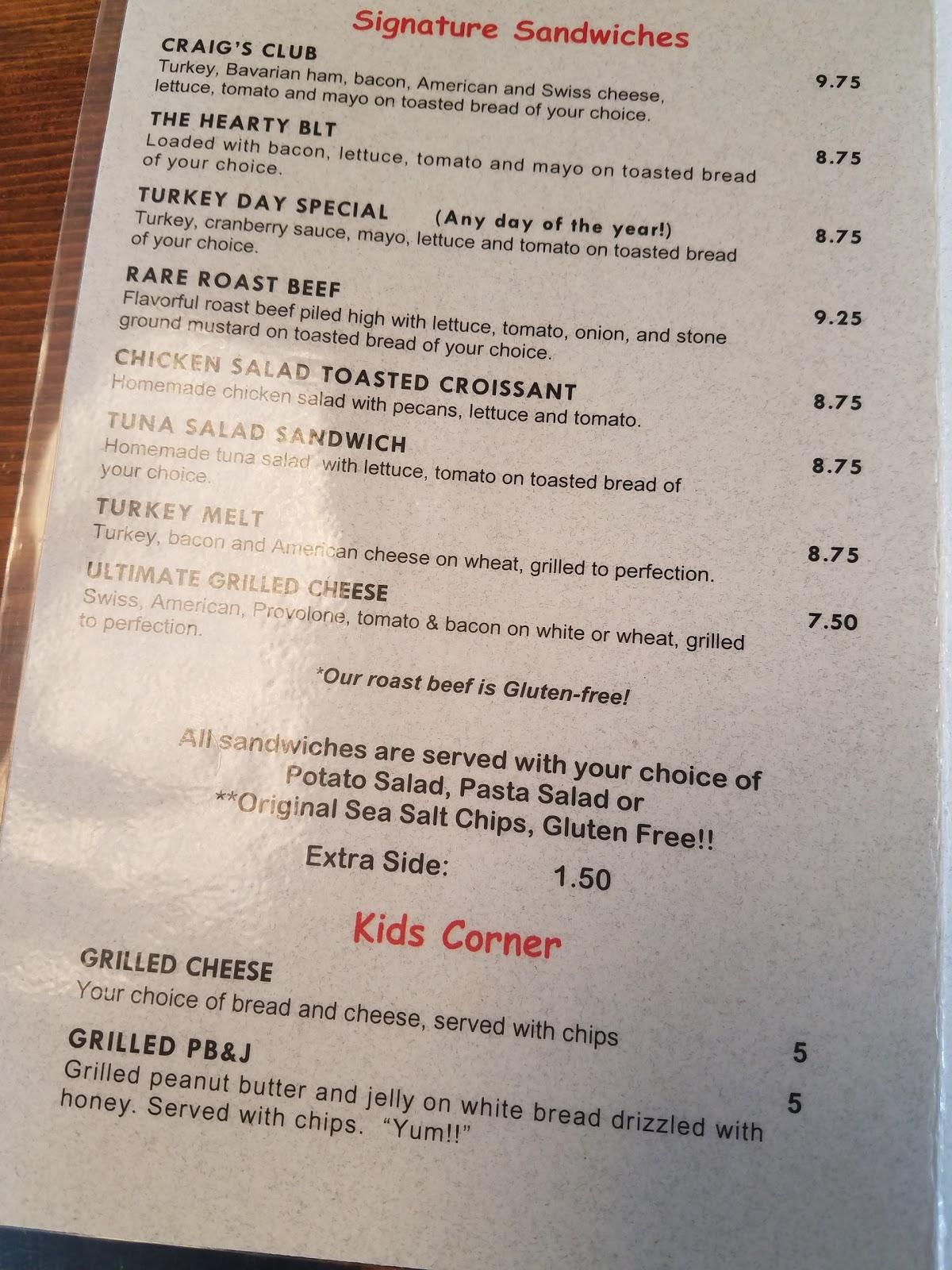 Menu at Craig's Deli cafe, Santee