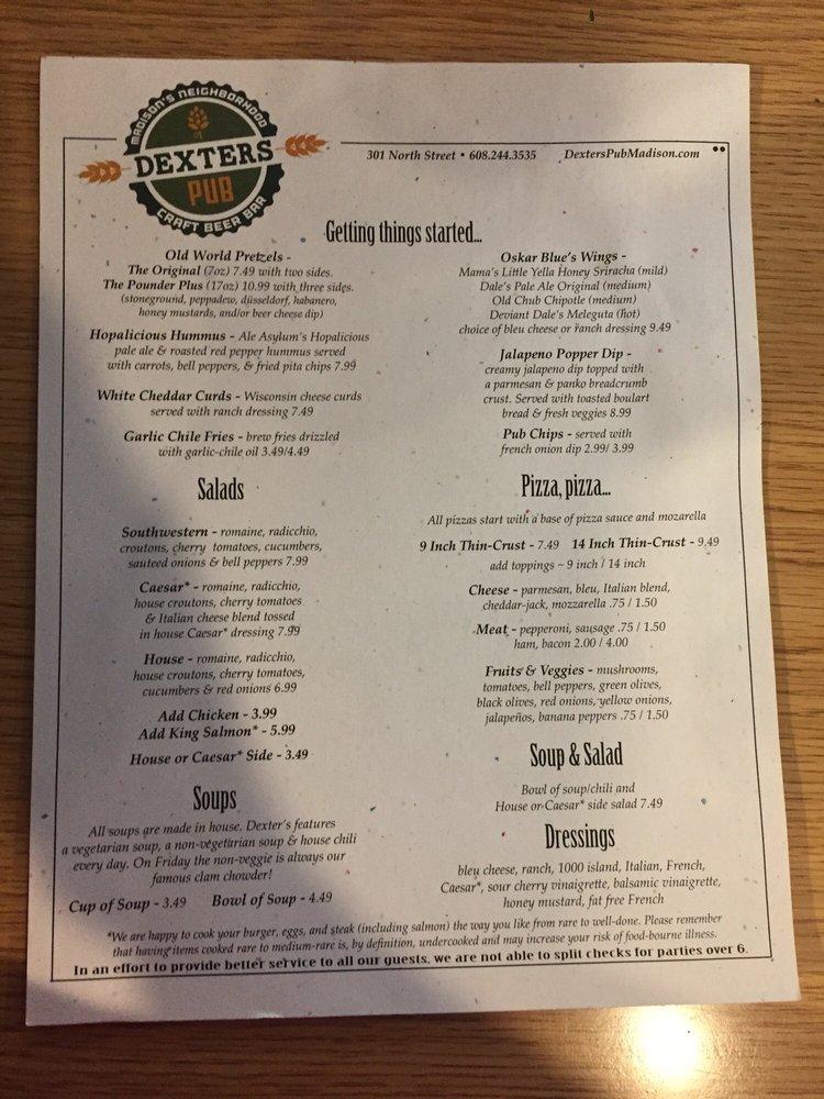 Menu at Dexter's Pub, Madison
