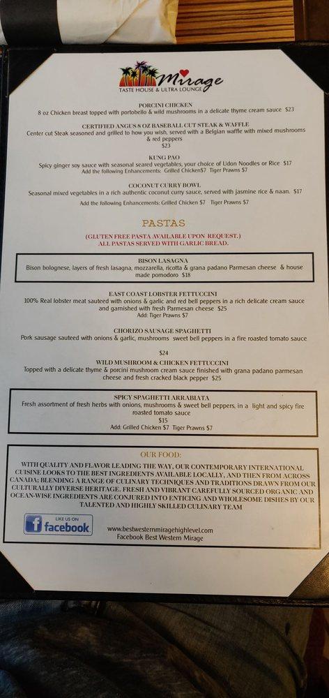 Menu at The Mirage TasteHouse restaurant, High Level