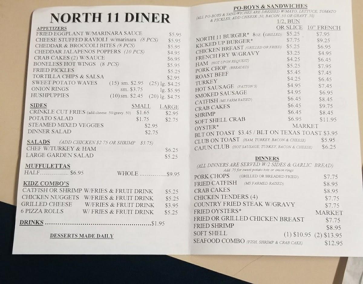 Menu at North 11 Diner restaurant, Picayune