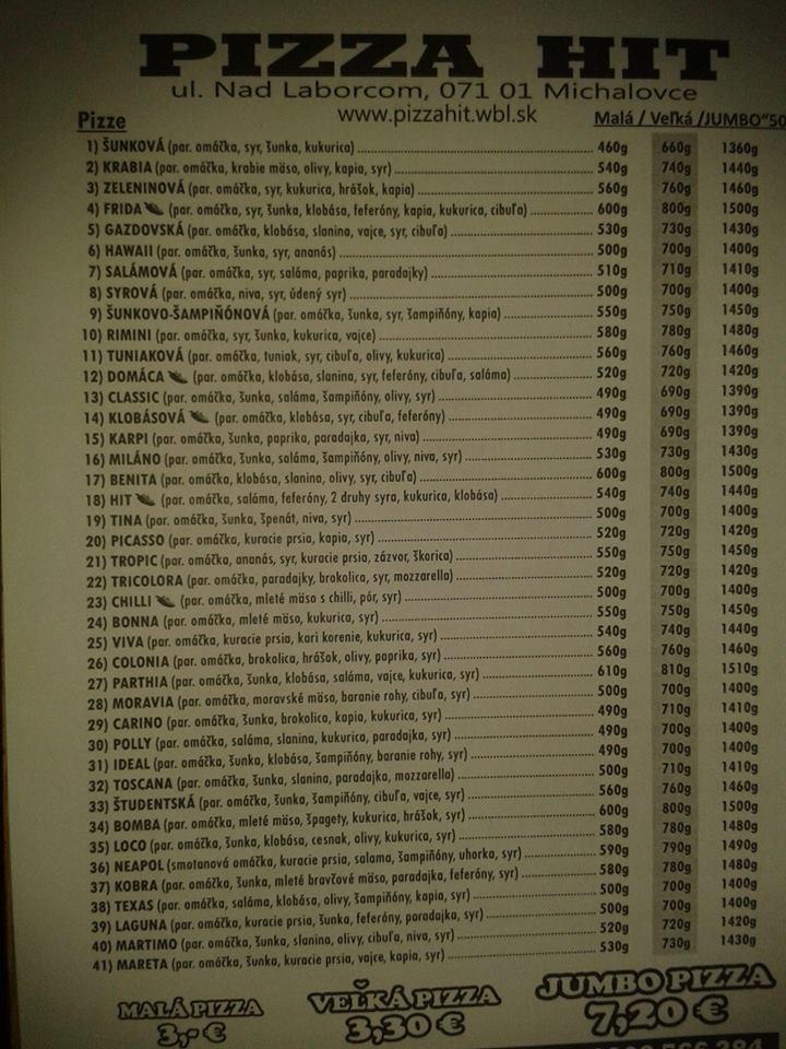 Menu at Pizza Hit pizzeria, Michalovce