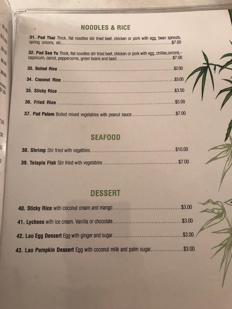Menu at Thai Lao restaurant, Mishawaka