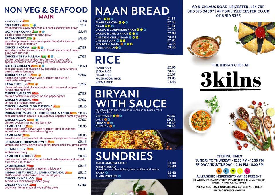 Menu at Three Kilns restaurant, Leicester