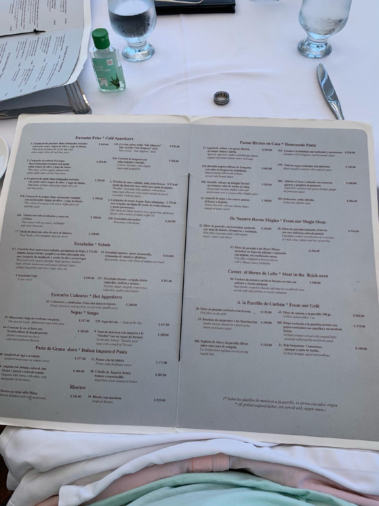 Menu at Villa Rolandi Thalasso Spa Gourmet & Beach Club Hotel, Isla Mujeres