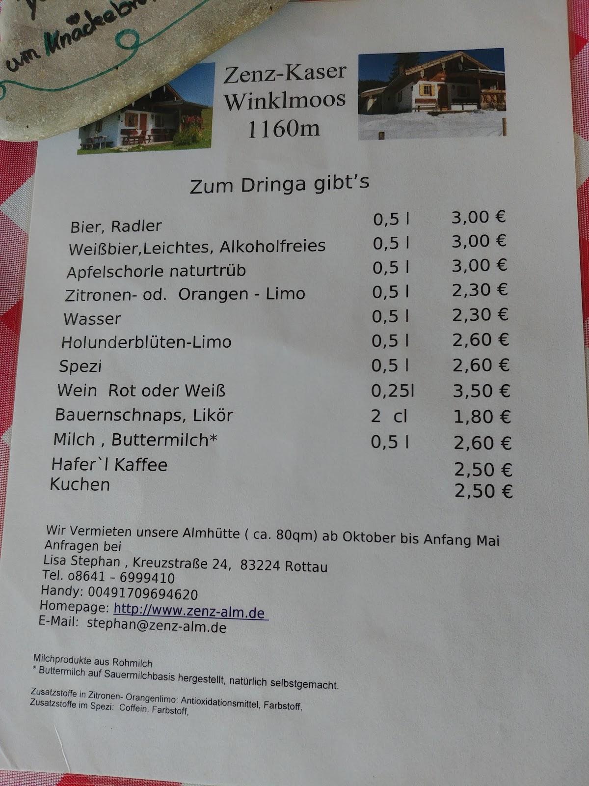 Menu at Zenz-Alm restaurant, Reit im Winkl