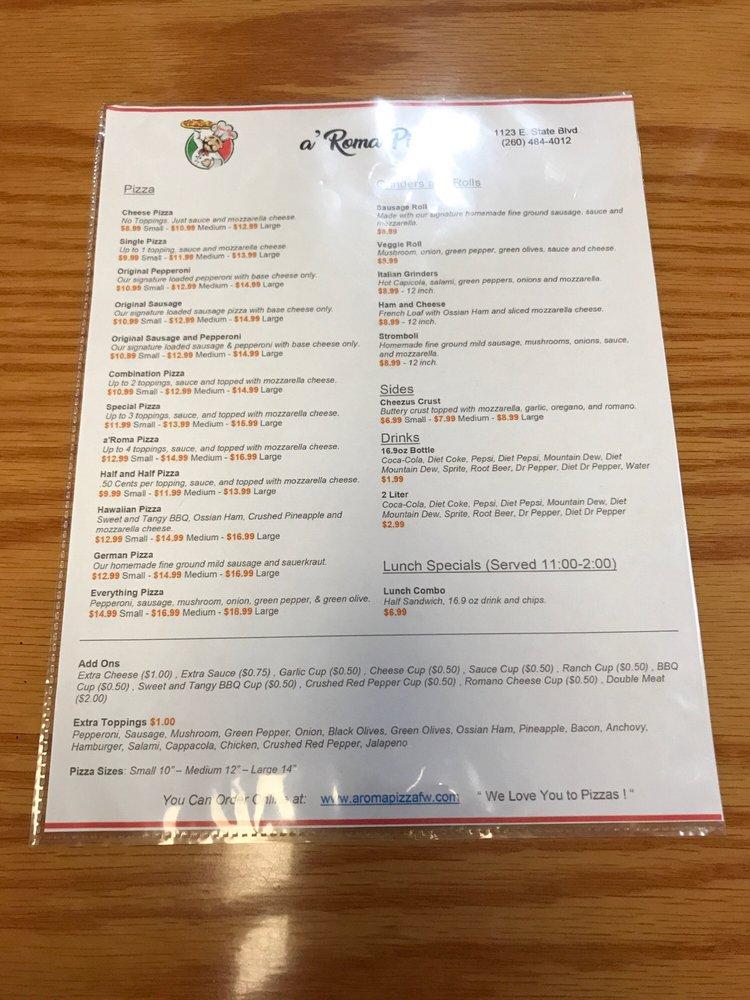 Menu at a'Roma Pizza pizzeria, Fort Wayne