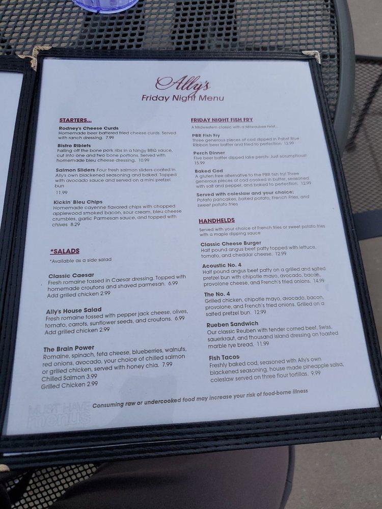 Menu at Ally's Bistro cafe, Menomonee Falls