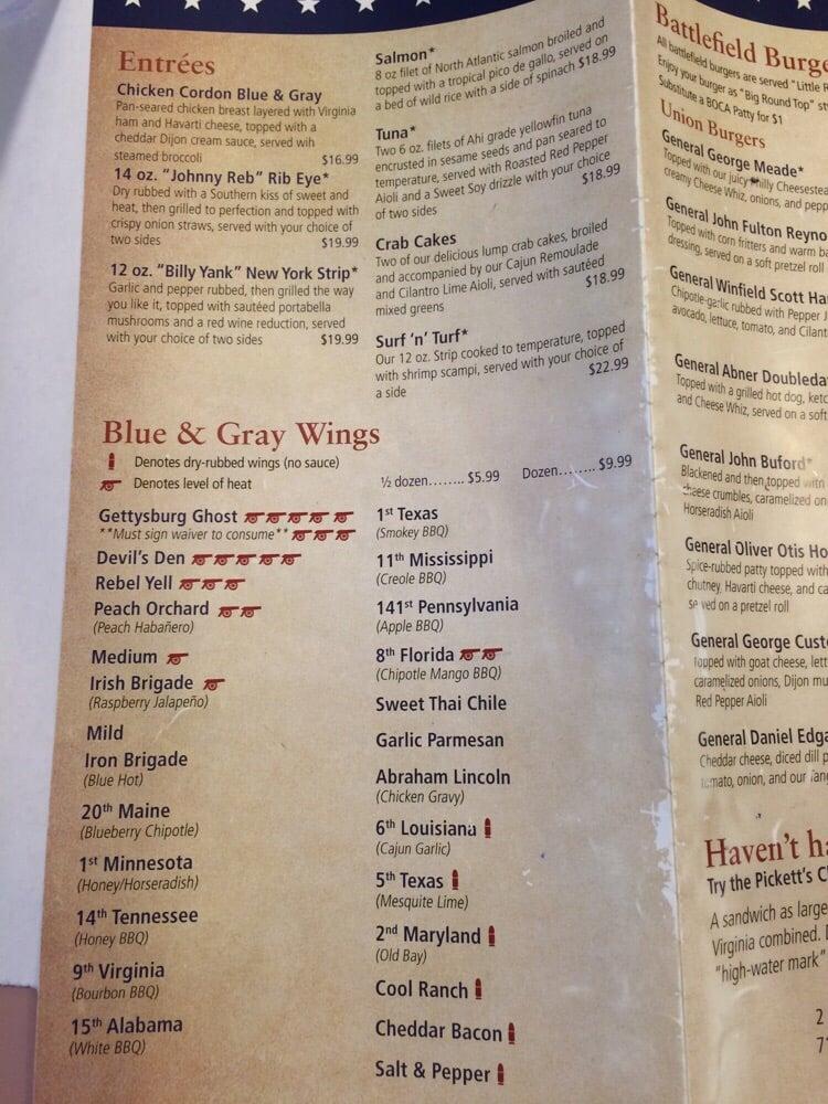 Menu at Blue & Gray Bar & Grill, Gettysburg