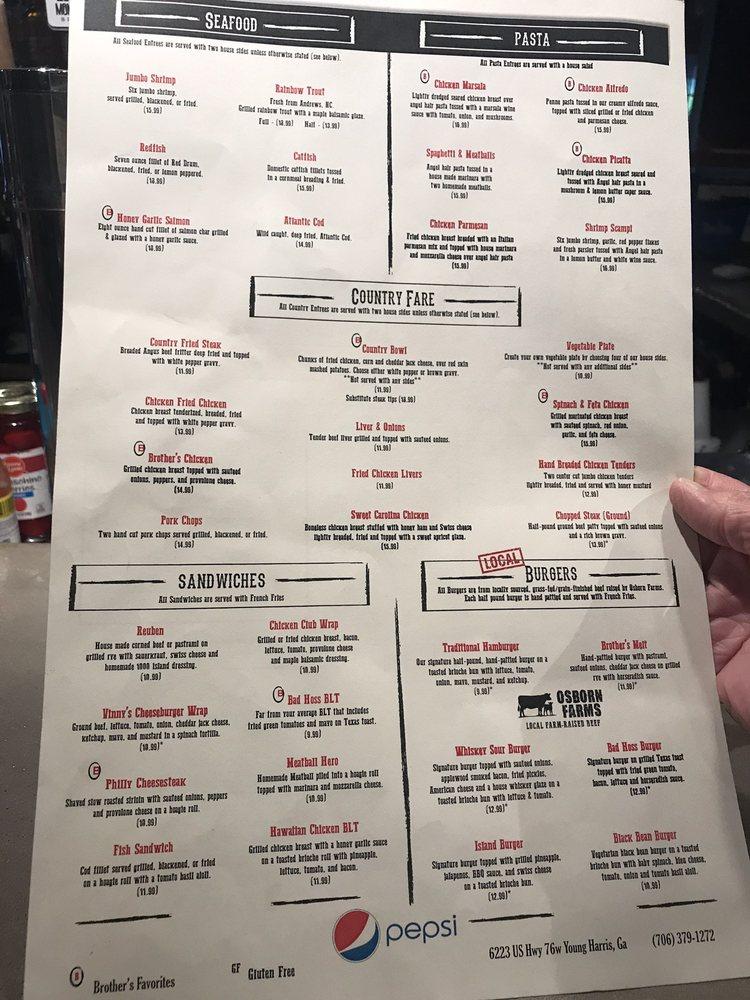 Menu at Brother's at Willow Ranch restaurant, Young Harris