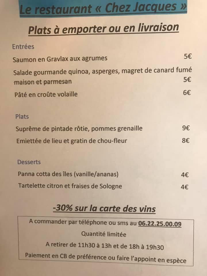 Menu au Chez Jacques pub et bar, Bracieux