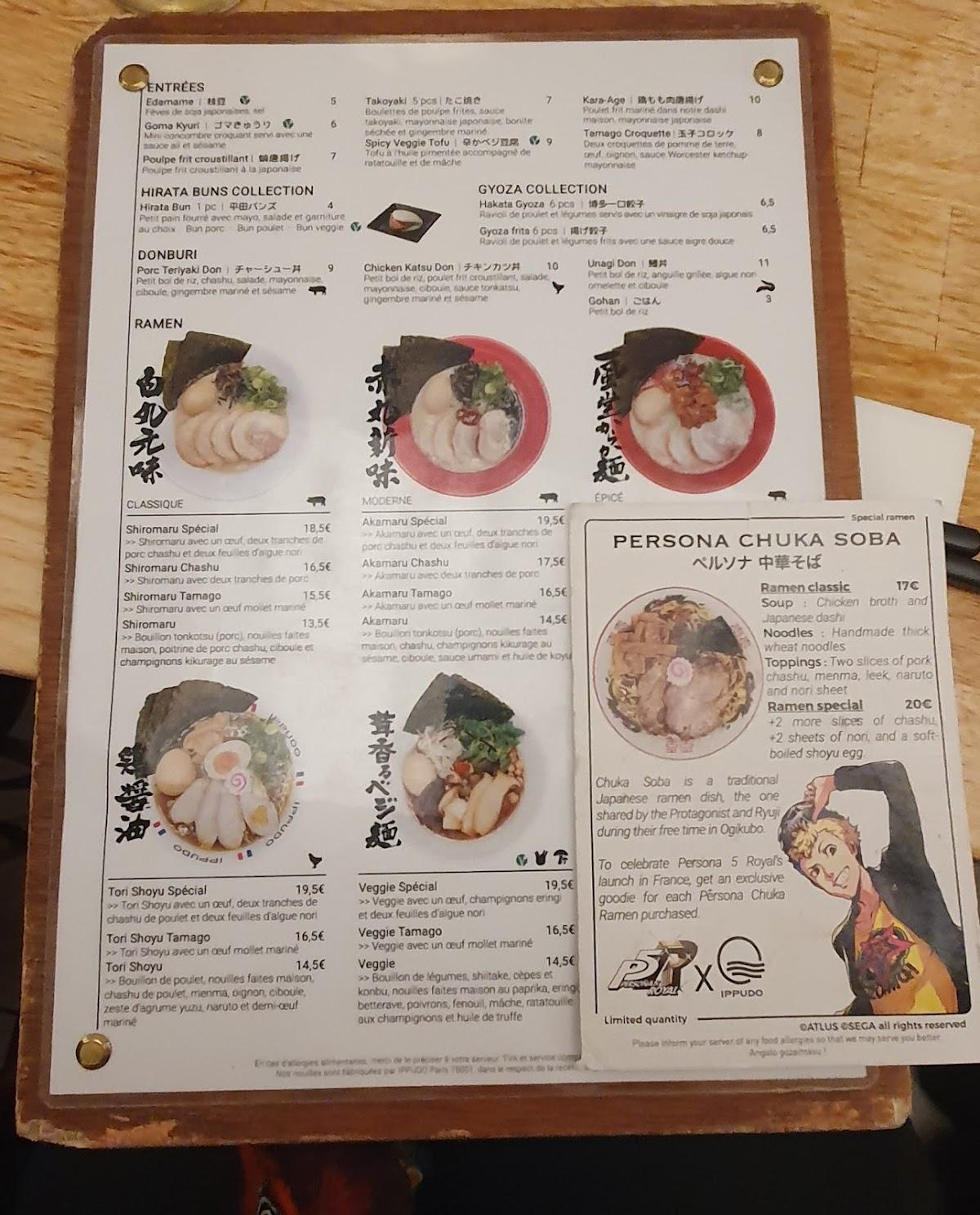 Menu at Ippudo restaurant, Paris, 74-76 Rue Jean-Jacques Rousseau