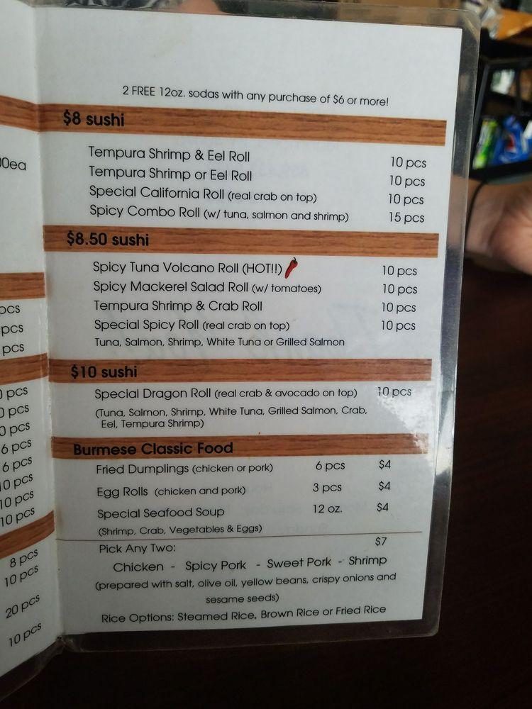 Menu at Khin's Sushi restaurant, Richmond