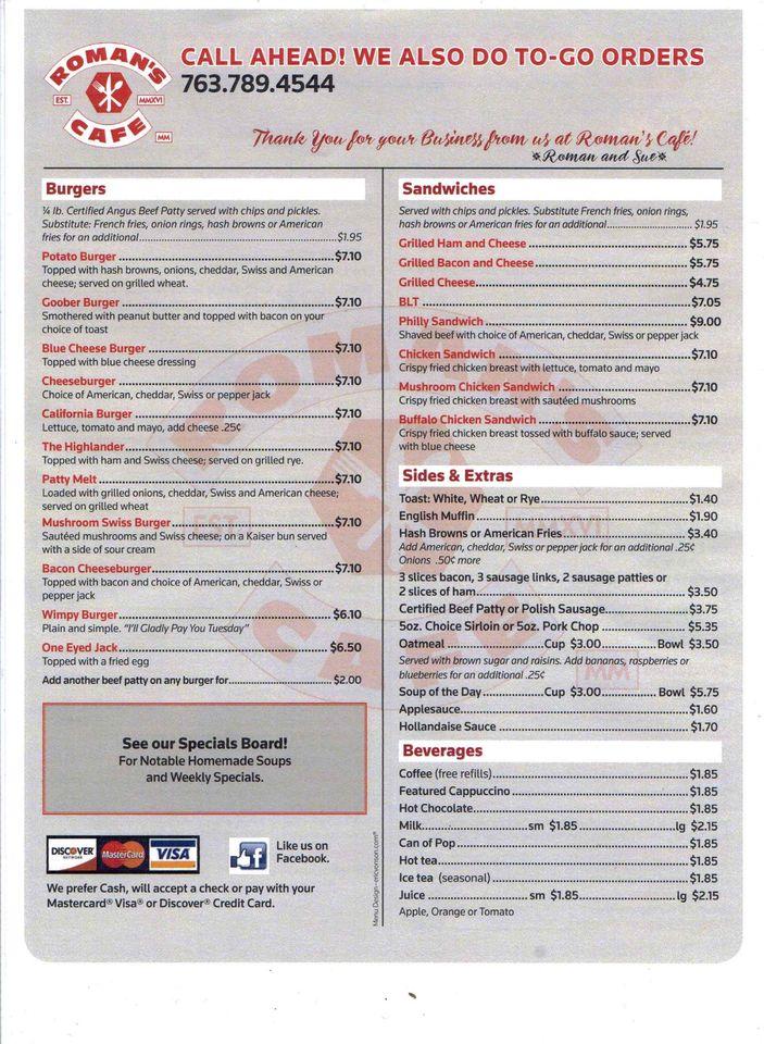 Menu at Roman's Cafe, Columbia Heights