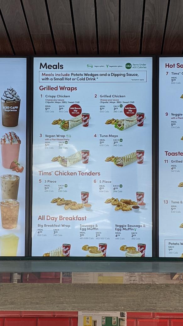 Carta del restaurante Tim Hortons, Larbert