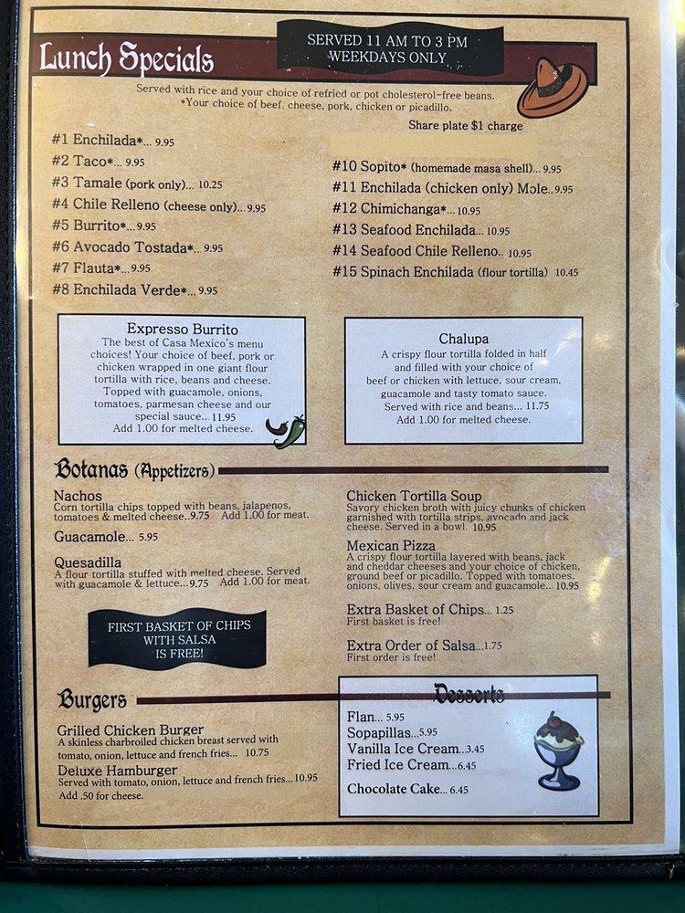 Menu at Casa México restaurant, Boise, Fairview Ave # 104